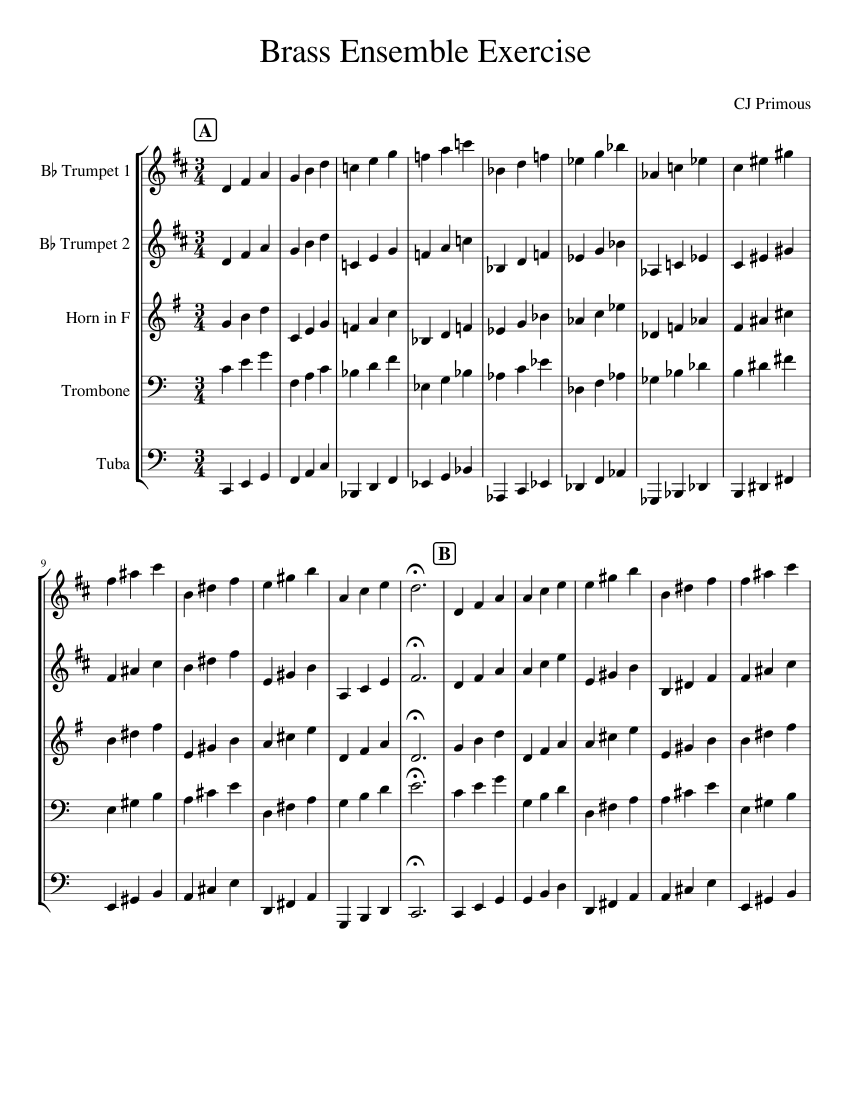 Brass Ensemble Exercise Sheet Music for Trombone, Tuba, Trumpet in b ...