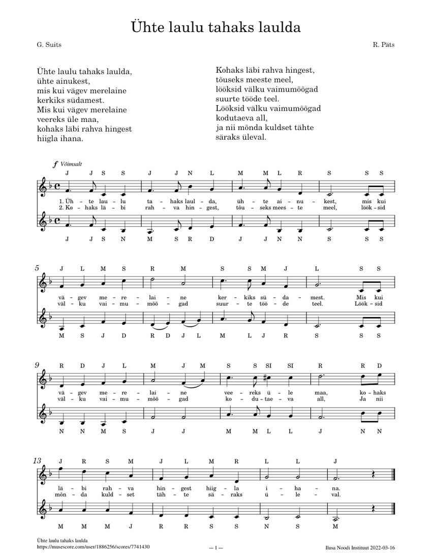 Ühte laulu tahaks laulda – R. Päts Sheet music for Vocals (Choral ...