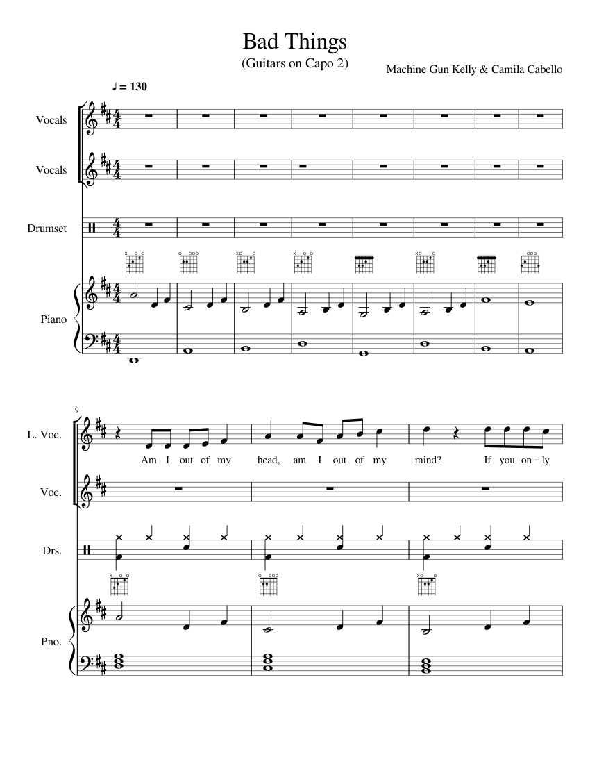 Bad Things Sheet Music for Piano, Vocals, Drum group (Mixed Quartet ...