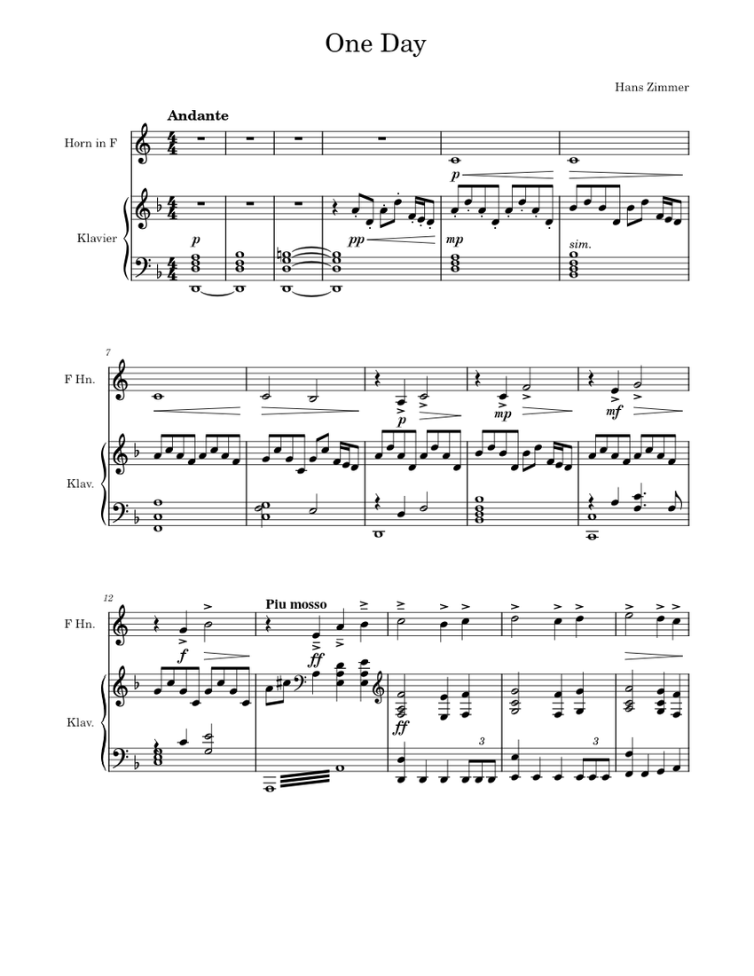 One Day – Hans Zimmer Sheet music for Piano, French horn (Solo ...