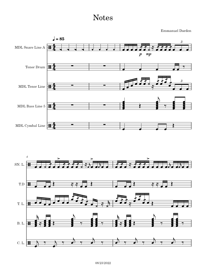 Notes Sheet music for Snare drum, Crash, Drum group, Tenor drum & more ...