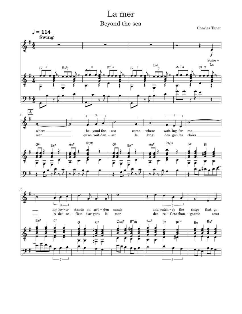 La mer - Beyond the sea Sheet Music with Chords for Vocals, Cello ...