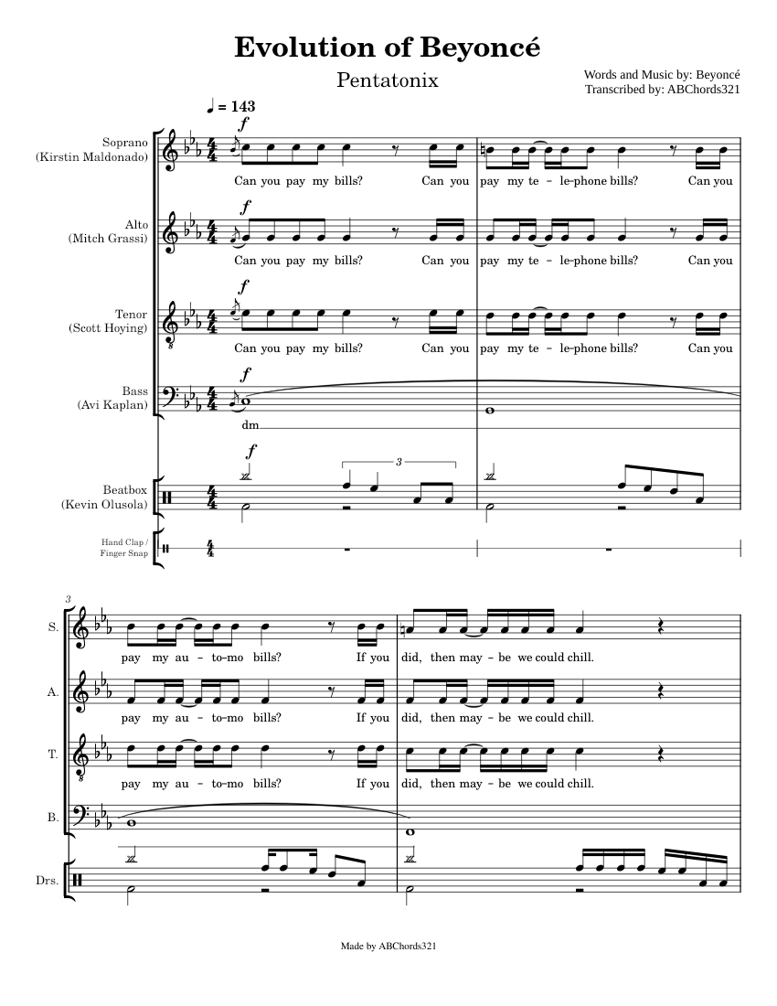 Evolution of Beyoncé | Pentatonix [Full Sheet Music / Transcription ...