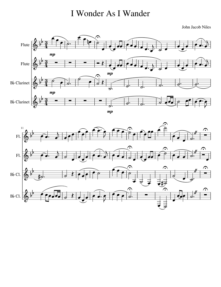 I Wonder As I Wander Sheet Music for Flute, Clarinet in b-flat (Mixed ...