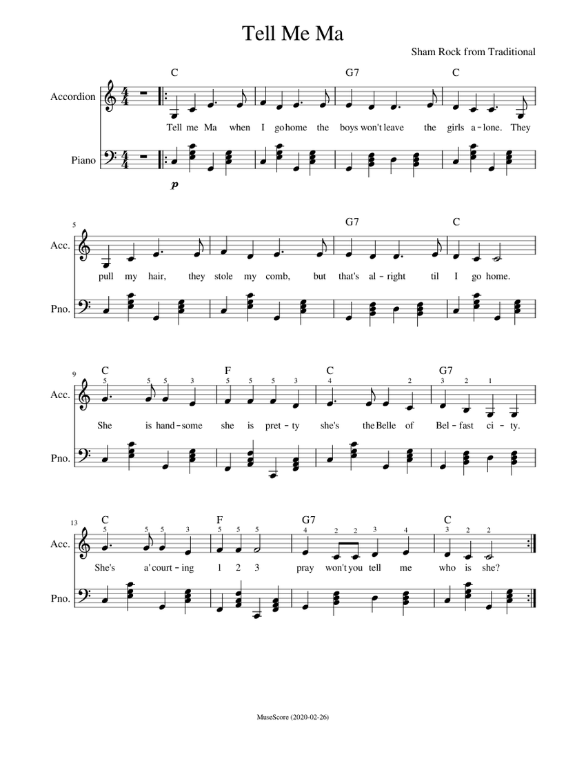 Tell Me Ma - Traditional / Sham Rock Sheet Music with Chords for Piano ...