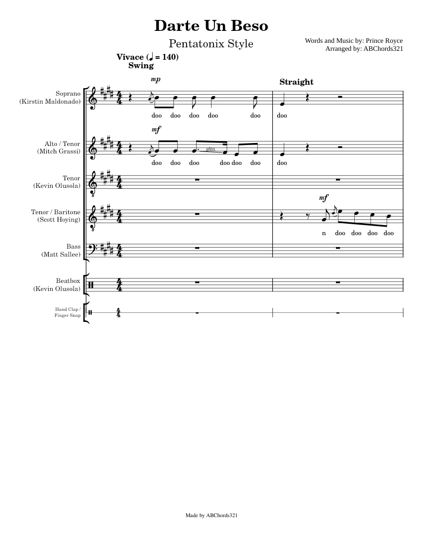 (WIP) Darte Un Beso | Prince Royce (Pentatonix Style) Sheet music for ...