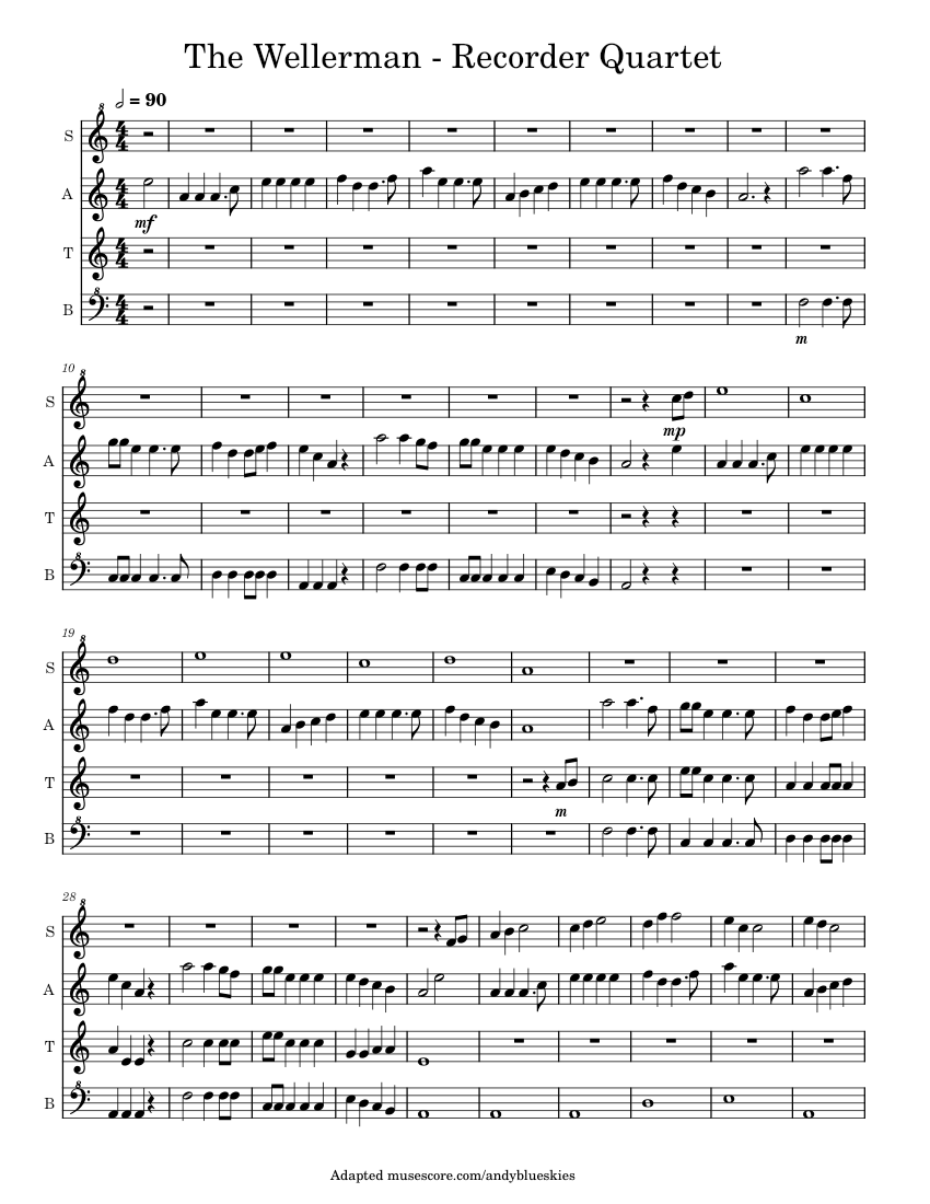 Wellerman – Recorder Quartet Sheet Music for Recorder (Woodwind Quartet ...