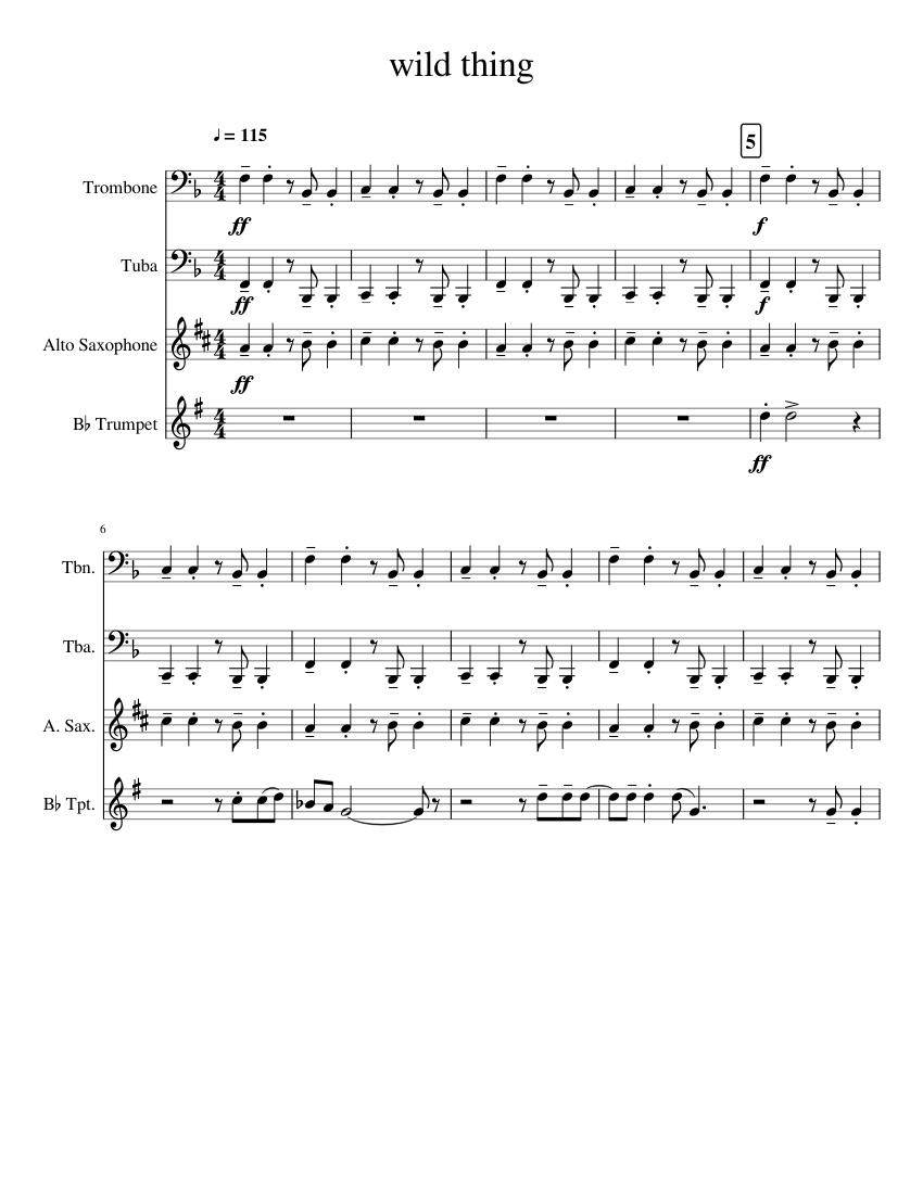 Wild thing Sheet music for Trombone, Tuba, Saxophone alto, Trumpet in b ...