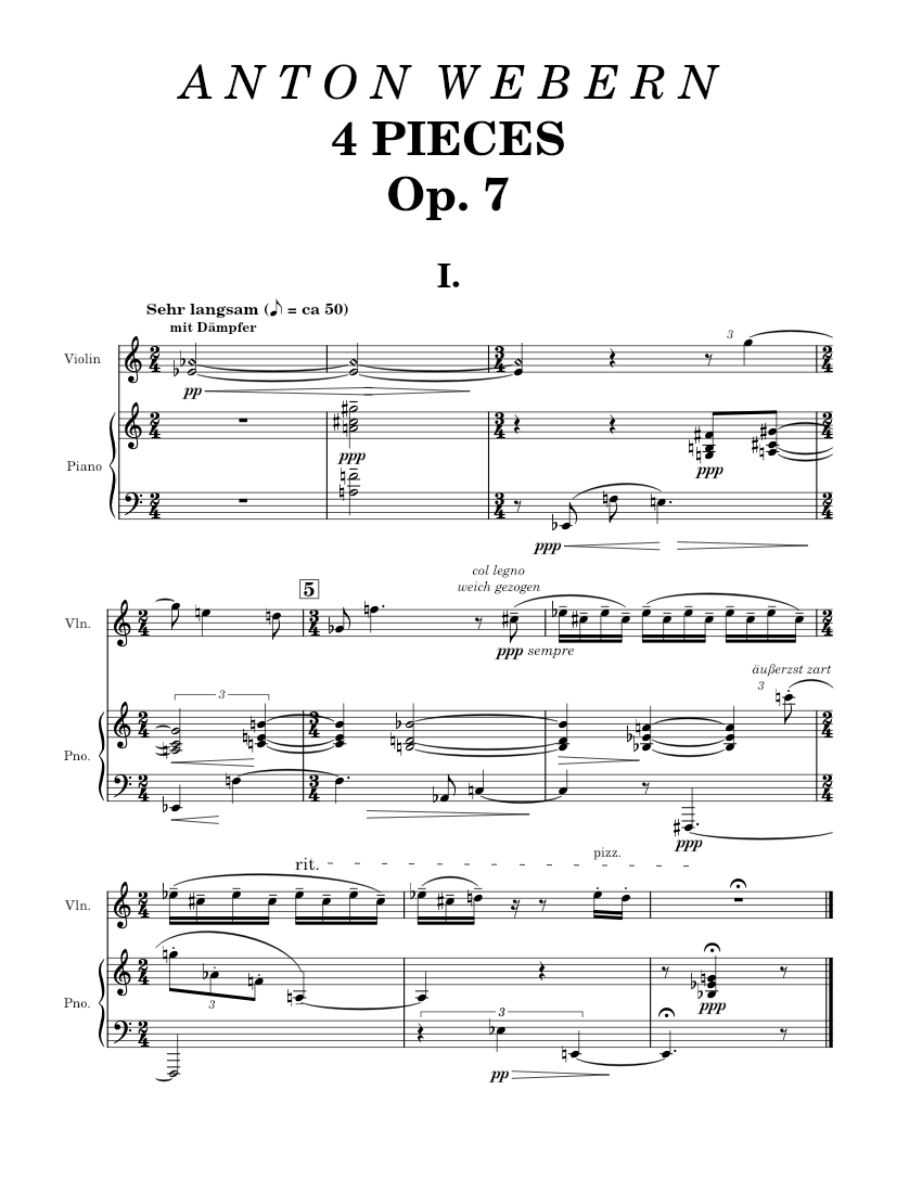Webern: 4 pieces for Violin and Piano, Op. 7 (I) Sheet Music for Piano ...