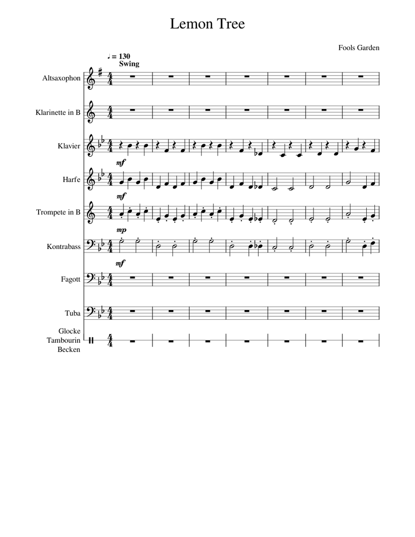 Fools Garden | Lemon Tree Sheet music for Piano, Tuba, Clarinet in b ...