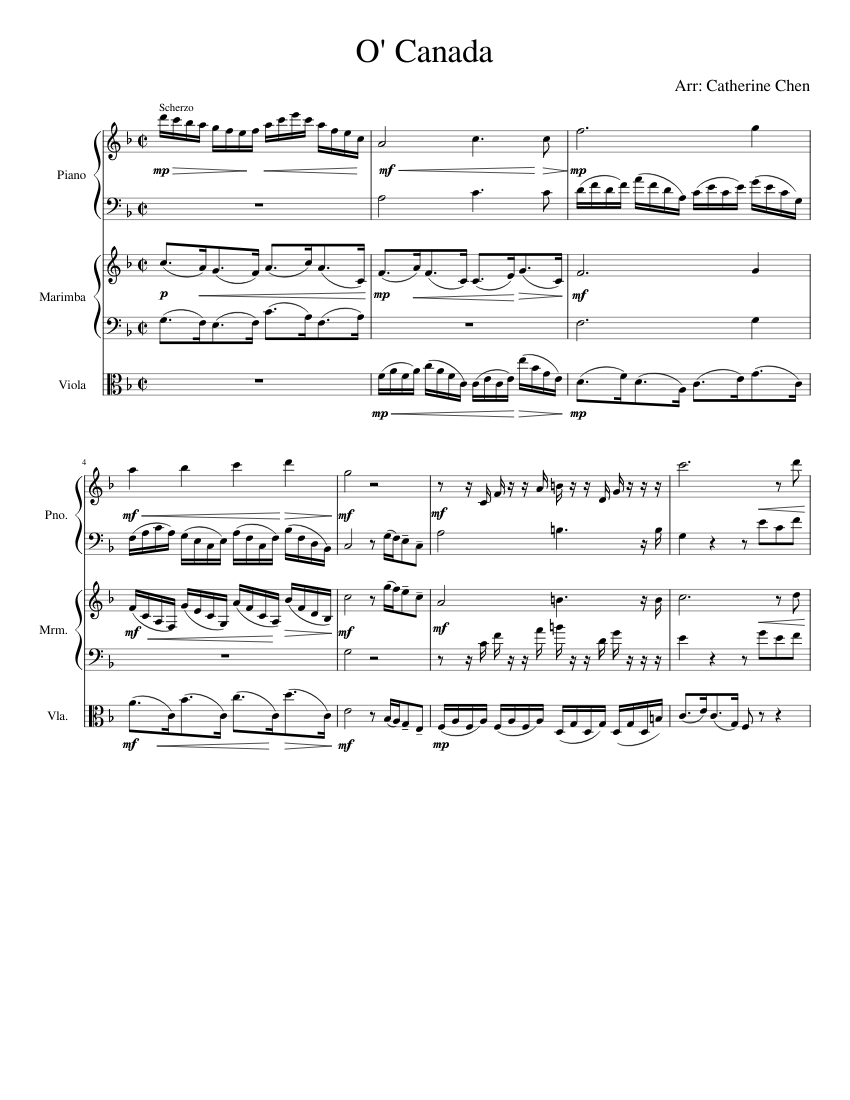 O' Canada Sheet music for Piano, Viola, Marimba (Mixed Trio ...