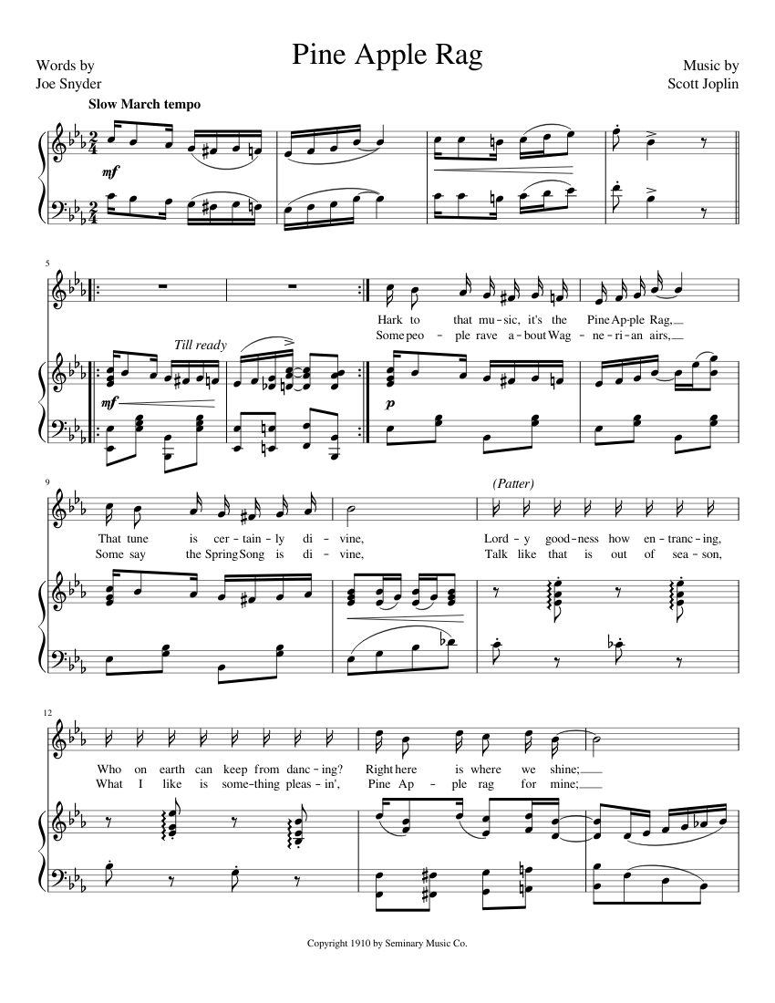 Pine Apple Rag – Song (1910) Sheet Music for Piano, Vocals (Piano-Voice ...