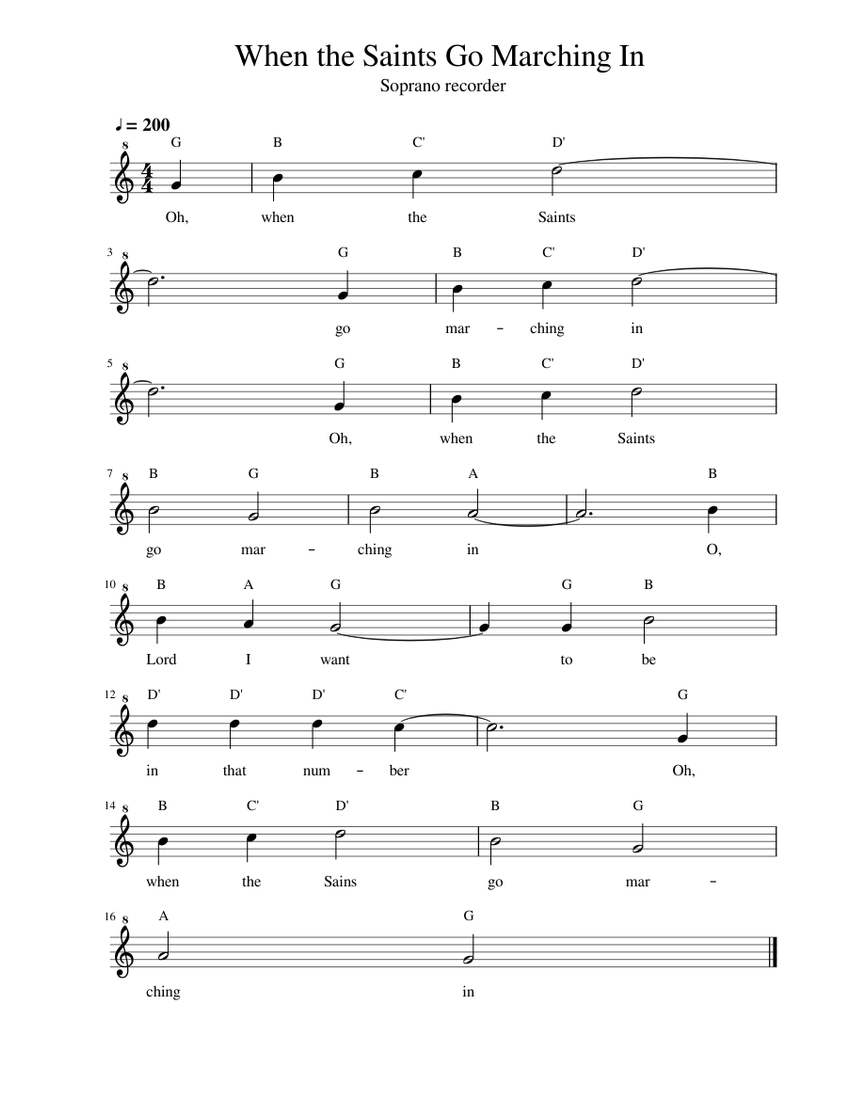 When the Saints Go Marching In Sheet Music for Recorder (Solo ...