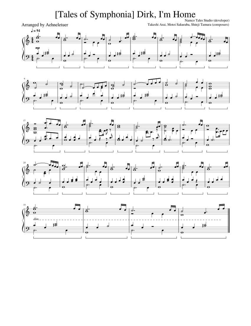 [Tales of Symphonia] Dirk, I'm Home Sheet music for Piano (Solo) Easy ...