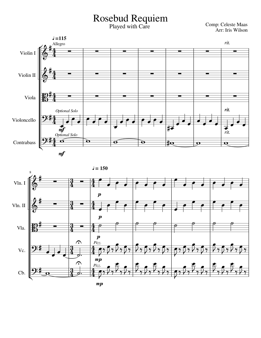 Rosebud Sheet music for Contrabass, Violin, Viola, Cello (String ...