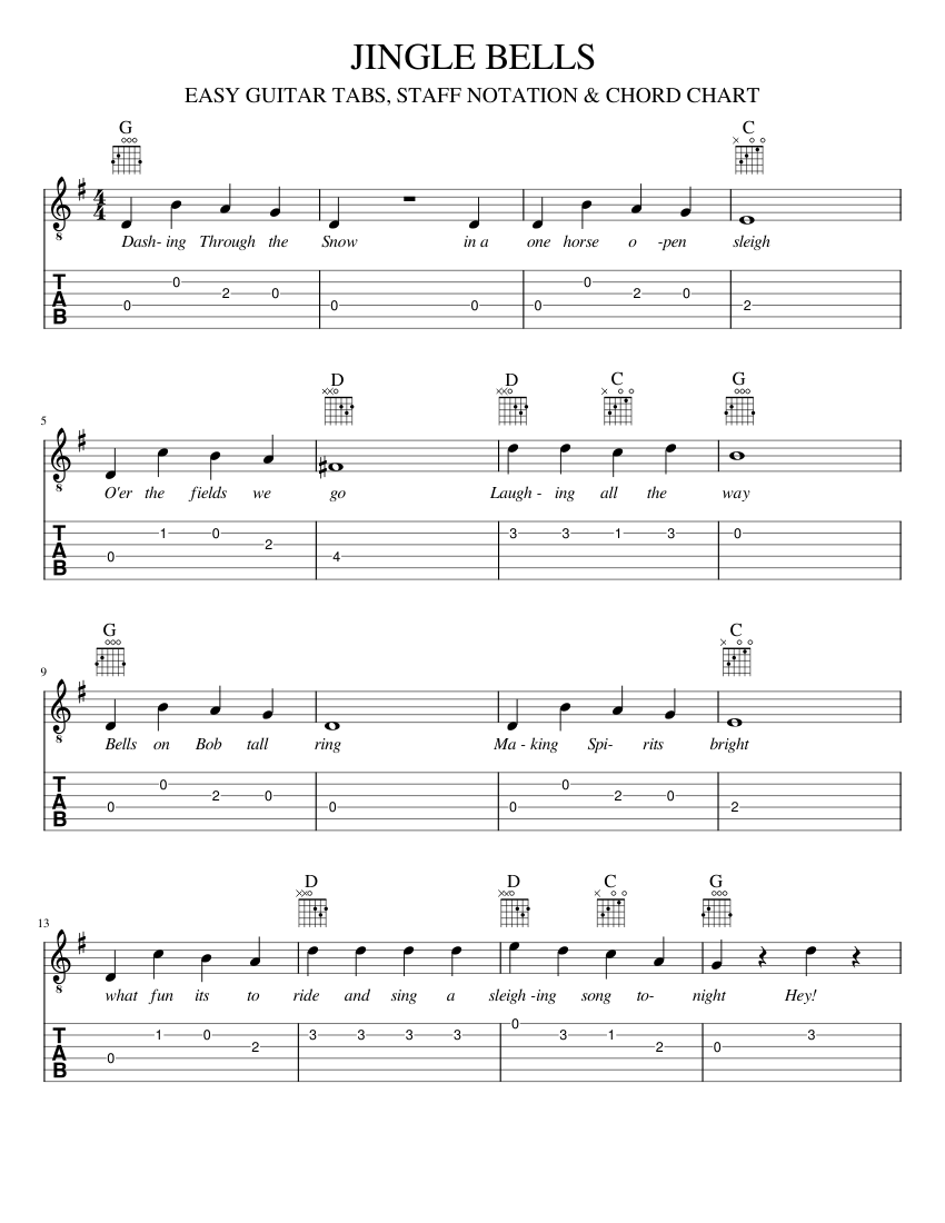 JINGLE BELLS | EASY GUITAR TABS, STAFF NOTATION & CHORD CHART Sheet ...