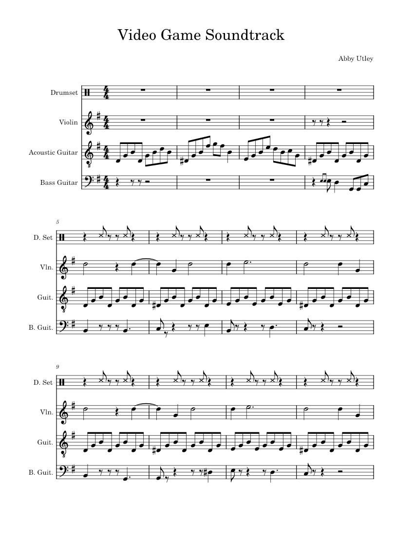 Videogame Soundtrack Sheet Music for Violin, Guitar, Bass guitar, Drum ...