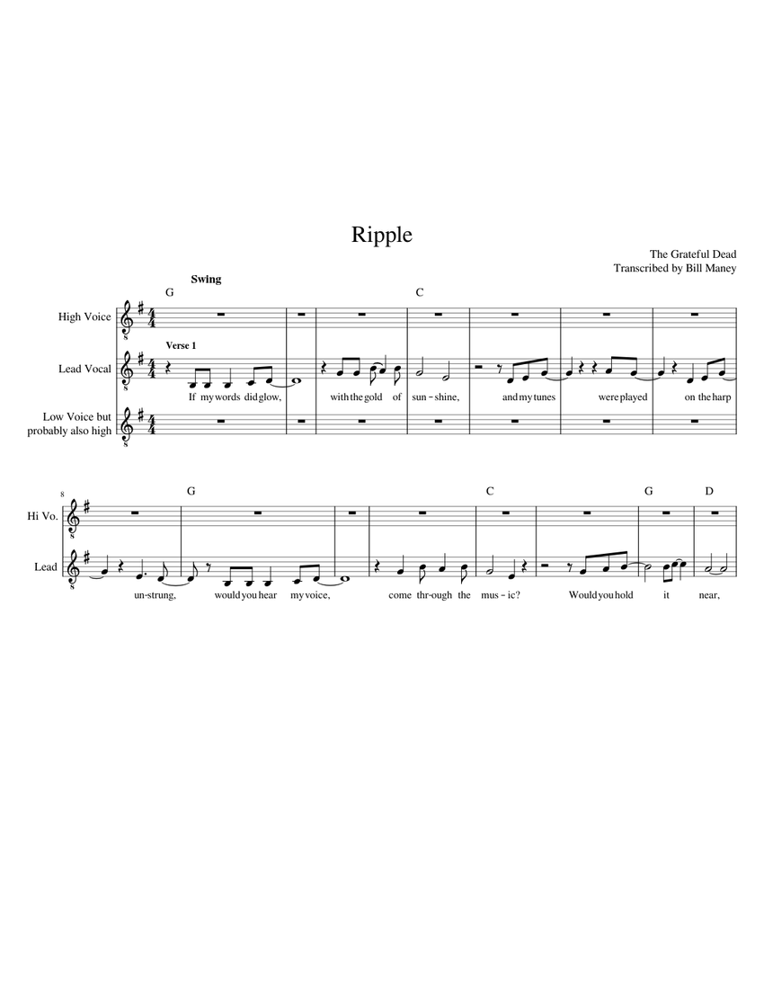 Ripple by Grateful Dead (voices only) Sheet Music and Tab with Chords ...