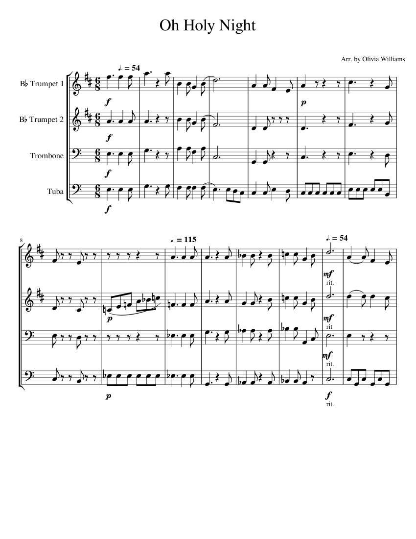 Oh Holy Night Sheet Music for Trombone, Tuba, Trumpet in b-flat (Brass ...