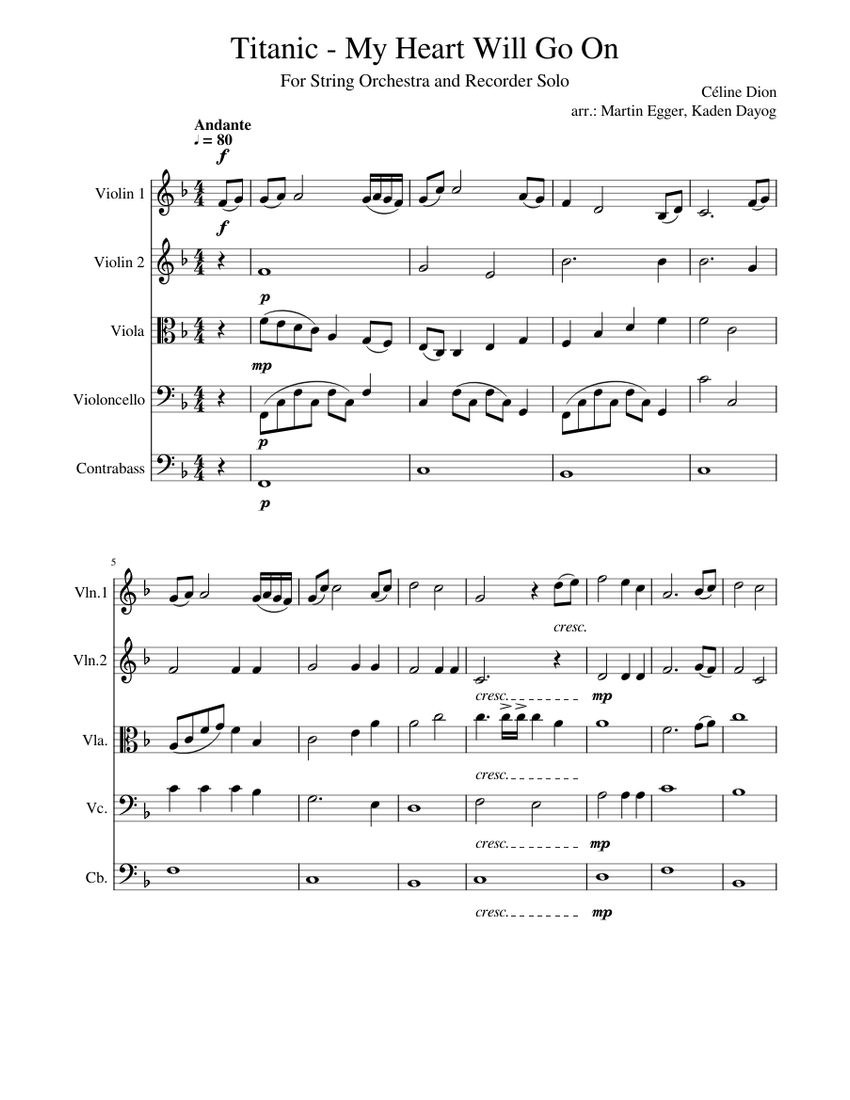 Titanic - My Heart Will Go On Sheet Music for Contrabass, Violin, Viola ...