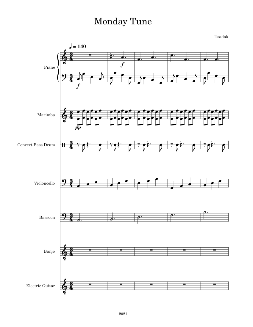 Monday Tune Sheet Music for Piano, Bassoon, Cello, Guitar & more ...