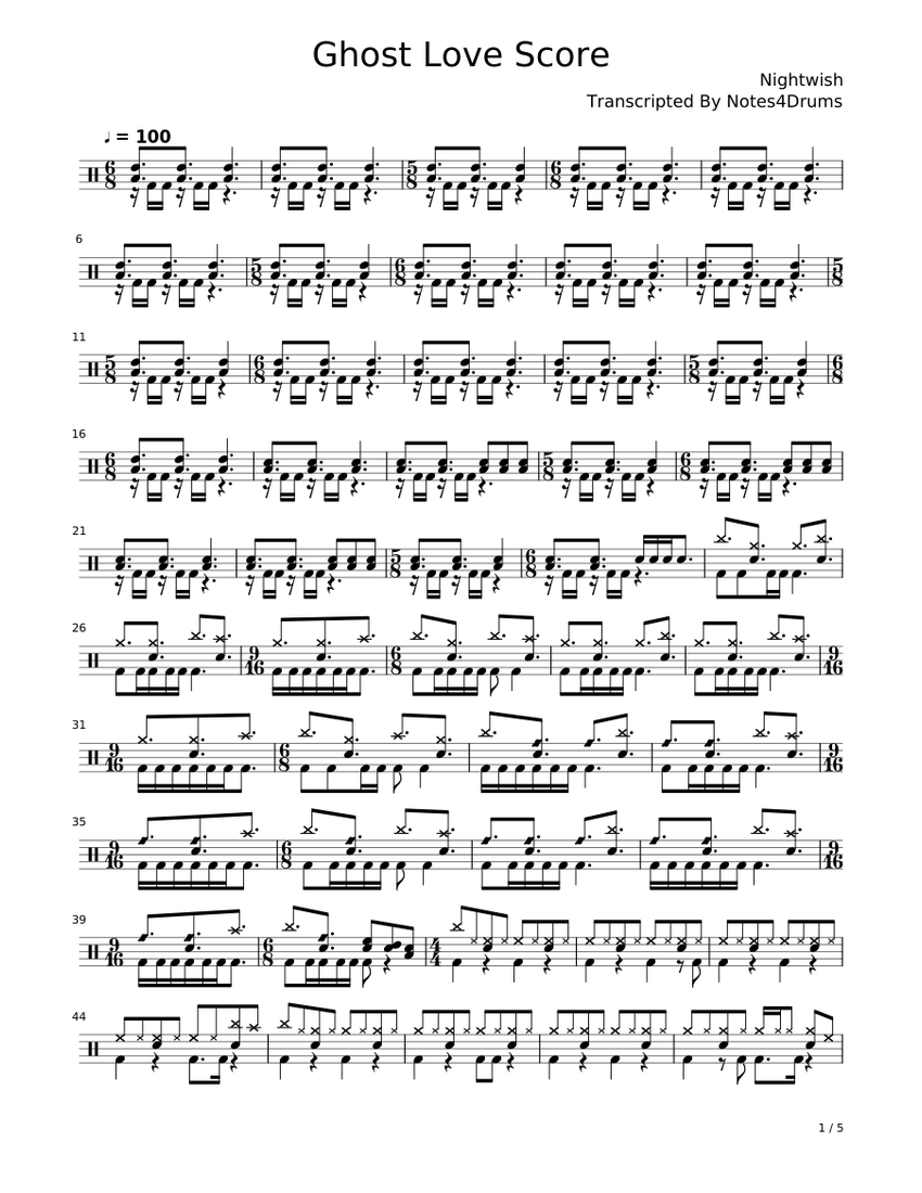 Ghost Love Score by Nightwish - Drums Sheet Music for Drum group (Solo ...