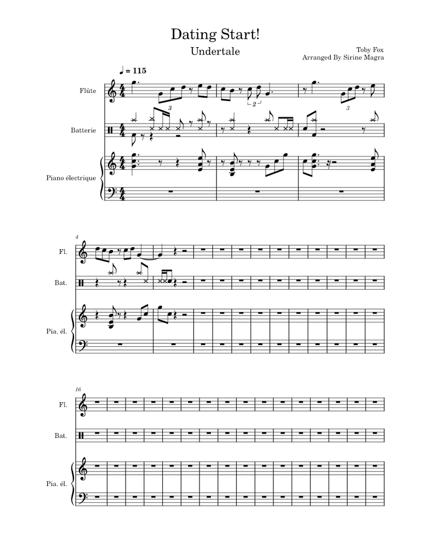 Dating Start! – Toby Fox Sheet music for Piano, Flute, Drum group (Drum ...