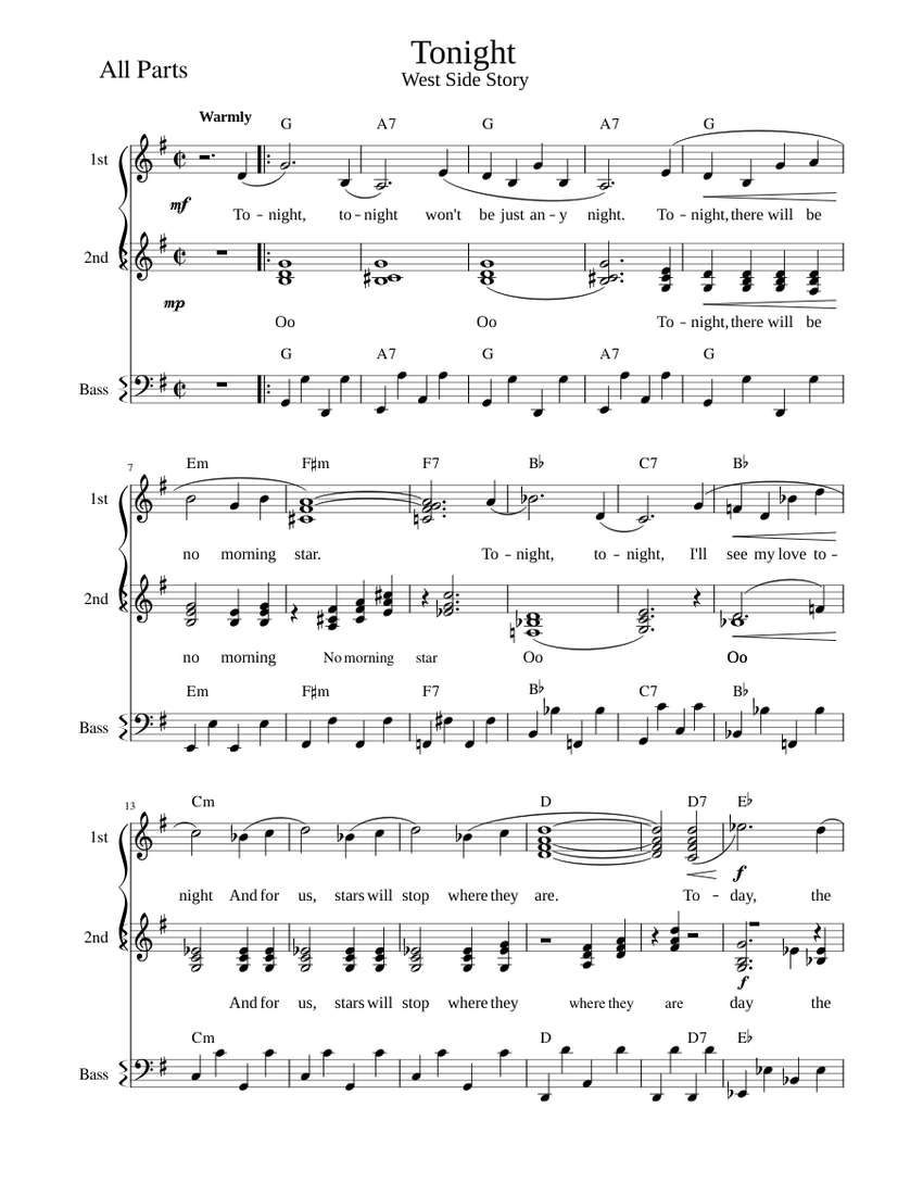 Tonight Sheet Music with Chords for Accordion (Piano Trio) | MuseScore.com