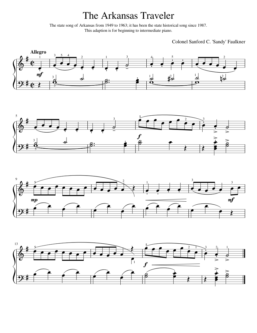 The Arkansas Traveler Beginner Piano Sheet Music for Piano (Solo) Easy ...