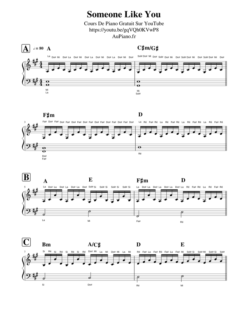 Someone Like You - Adele (AuPiano.fr) Sheet Music for Piano (Solo) easy ...