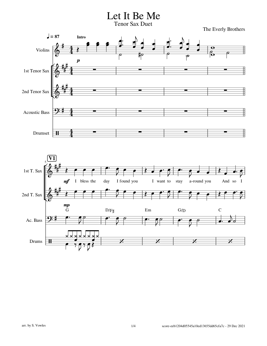 Let It Be Me - a tenor sax duet Sheet Music with Chords for Saxophone ...
