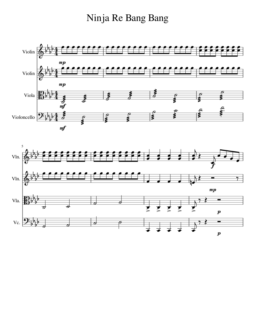 Ninja Re Bang Bang Sheet music for Violin, Viola, Cello (String Quartet ...