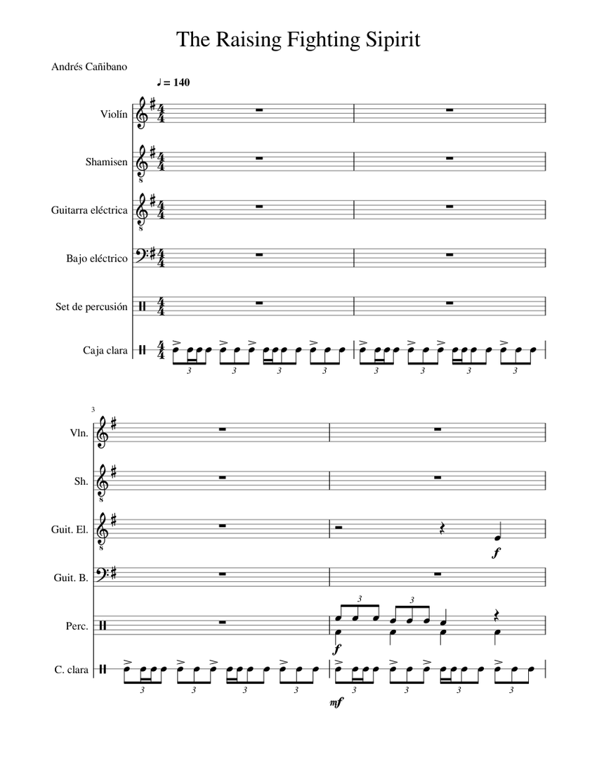 The Raising Fighting Sipirit Sheet music for Snare drum, Violin, Guitar ...