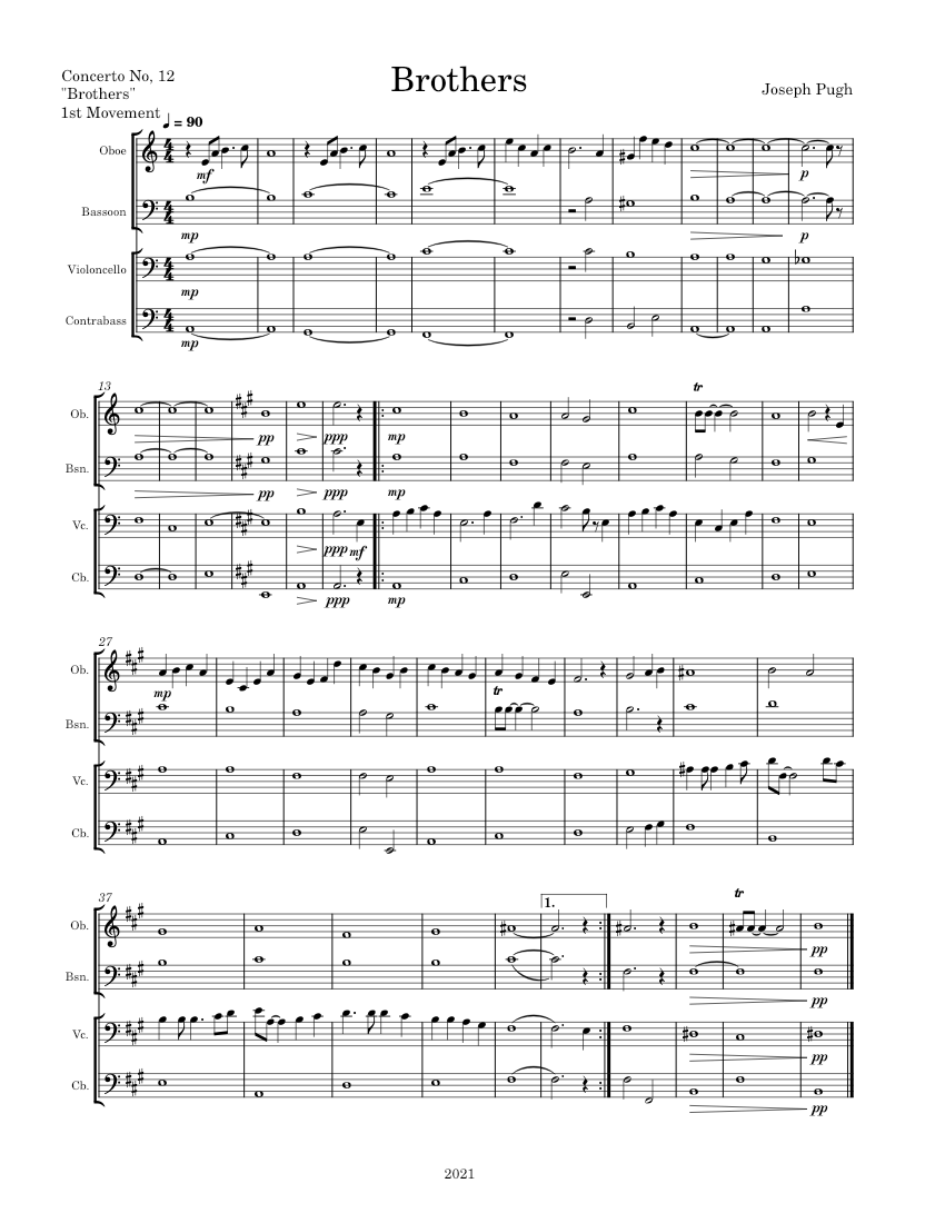 Brothers-Joseph Pugh Sheet Music for Oboe, Bassoon, Contrabass, Cello ...