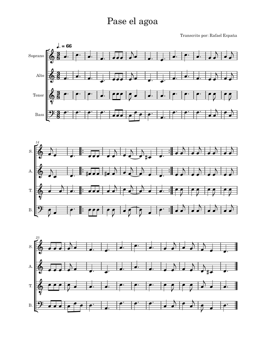 Pase el agoa – Anonymous Pase el agoa Sheet music for Soprano, Alto ...