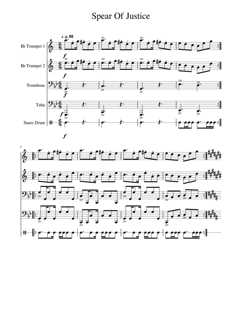 Spear Of Justice - Brass Quartet (With Snare Drum) Sheet Music for ...