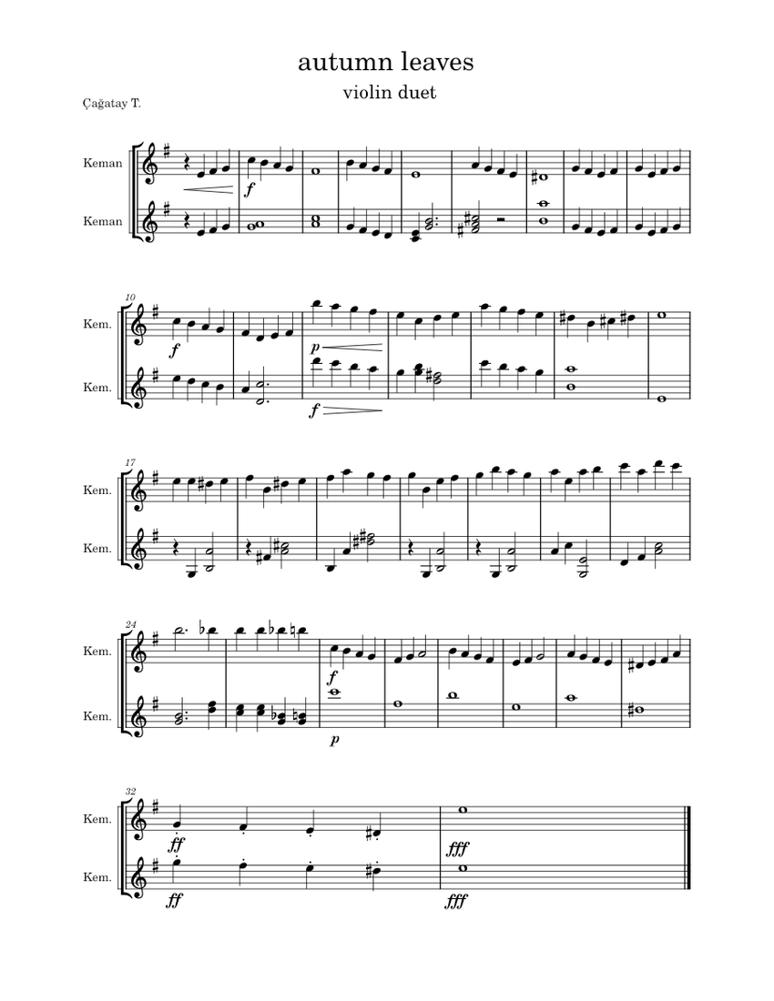 Autumn Leaves Violin Duet Sheet Music for Violin (String Duet ...