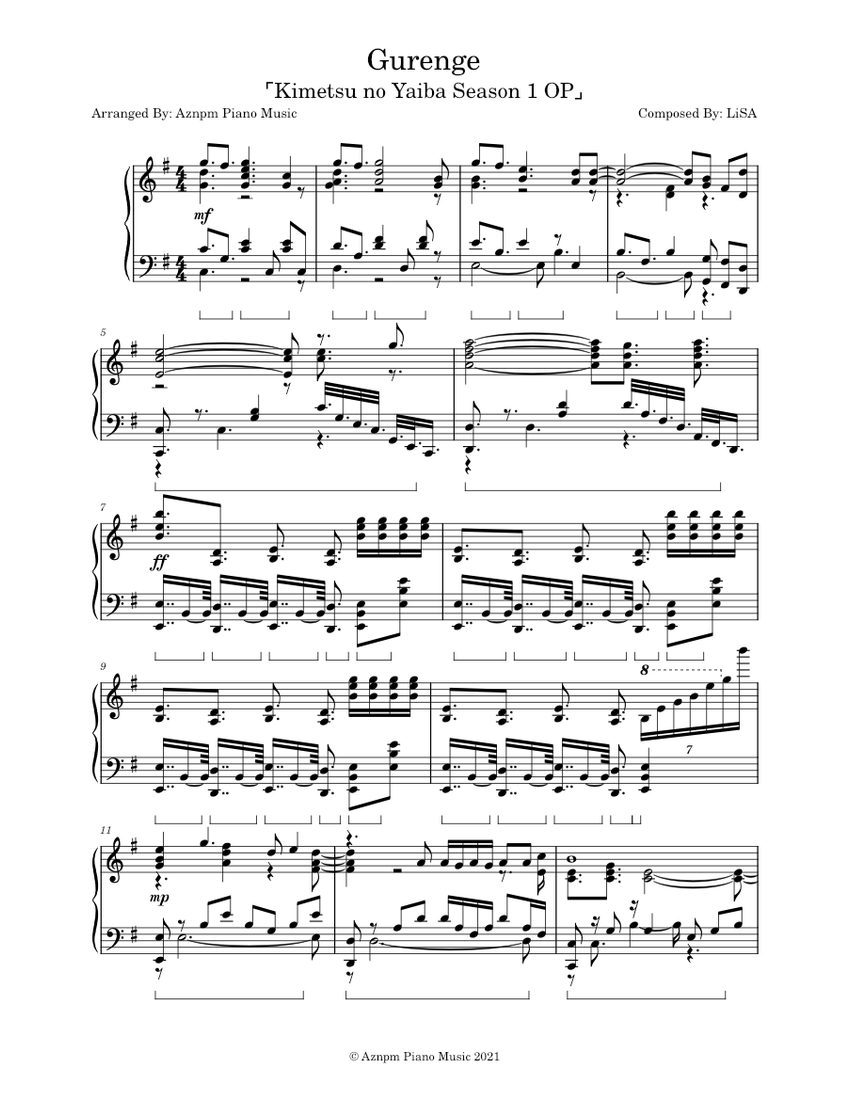 Gurenge – LiSA / Demon Slayer Season 1 OP [Piano] (Full Size) Sheet ...