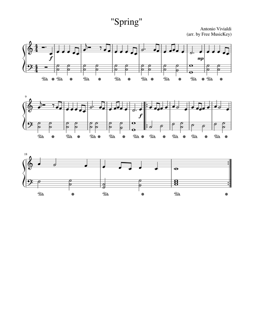 Antonio Vivaldi "Spring" Easy Piano (arr. by Free MusicKey) Sheet Music ...
