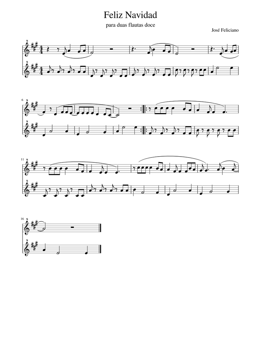 Feliz Navidad Recorder Duet Sheet Music for Recorder (Woodwind Duet ...
