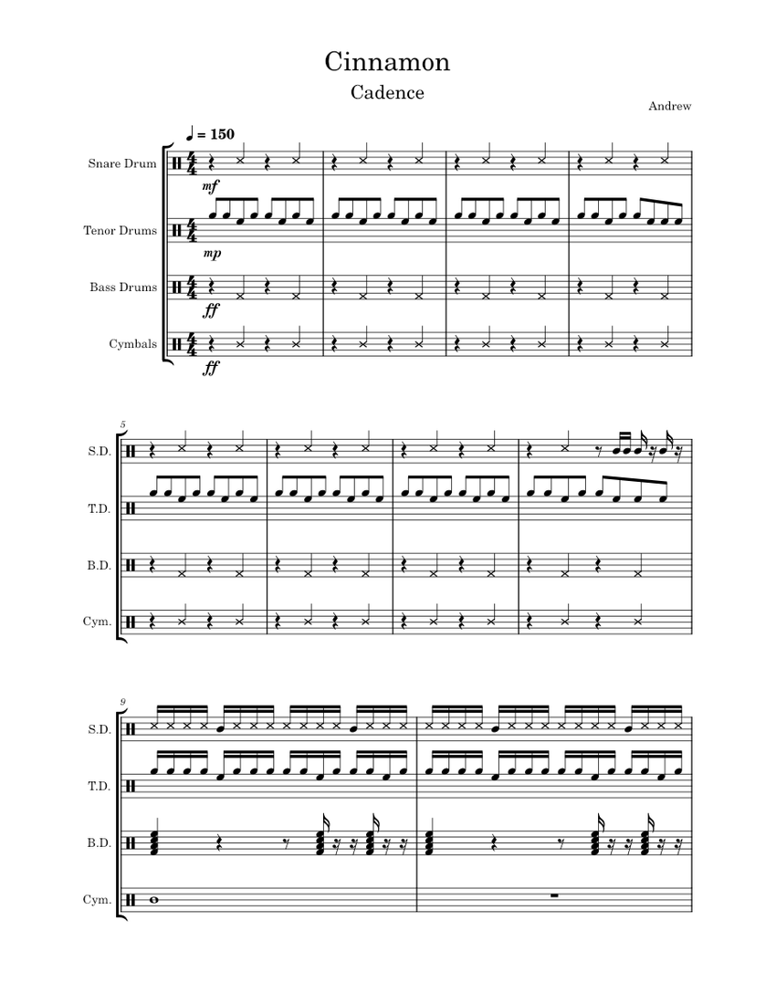 Cinnamon Ver. 2 Sheet Music for Snare drum, Crash, Tenor drum, Bass ...
