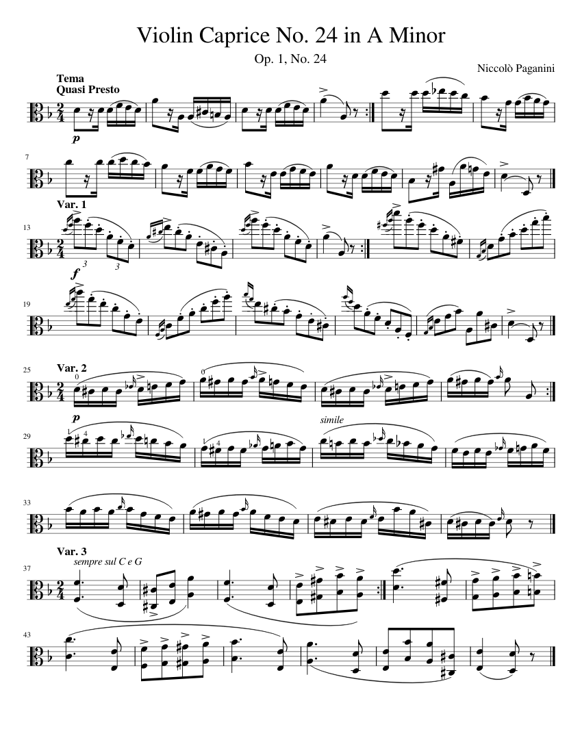 Paganini Caprice no. 24 VIOLA (2) Sheet Music for Viola (Solo) | MuseScore.com