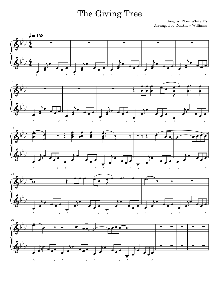 The Giving Tree – Plain White T's Sheet Music for Piano (Solo) easy ...
