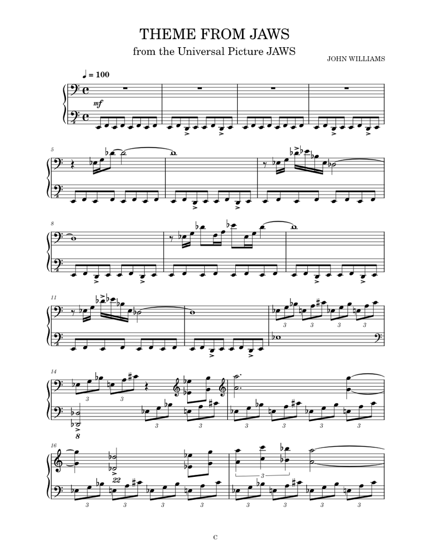 Theme from Jaws – John Williams (Advanced Piano) Sheet Music for Piano ...