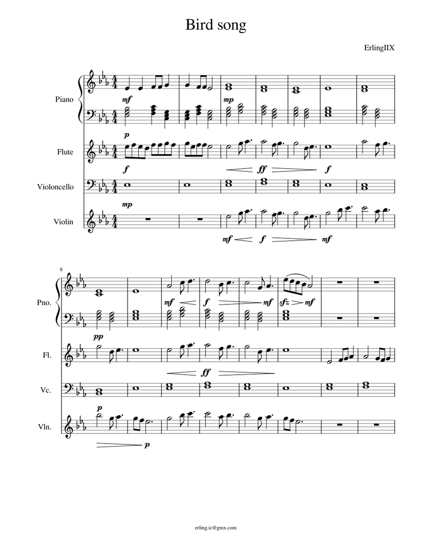 Bird_song Sheet music for Piano, Flute, Violin, Cello (Mixed Quartet ...