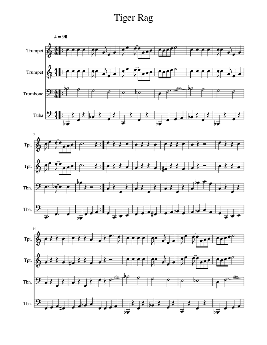 Tiger Rag Sheet Music for Trombone, Tuba, Trumpet other (Brass Quartet ...
