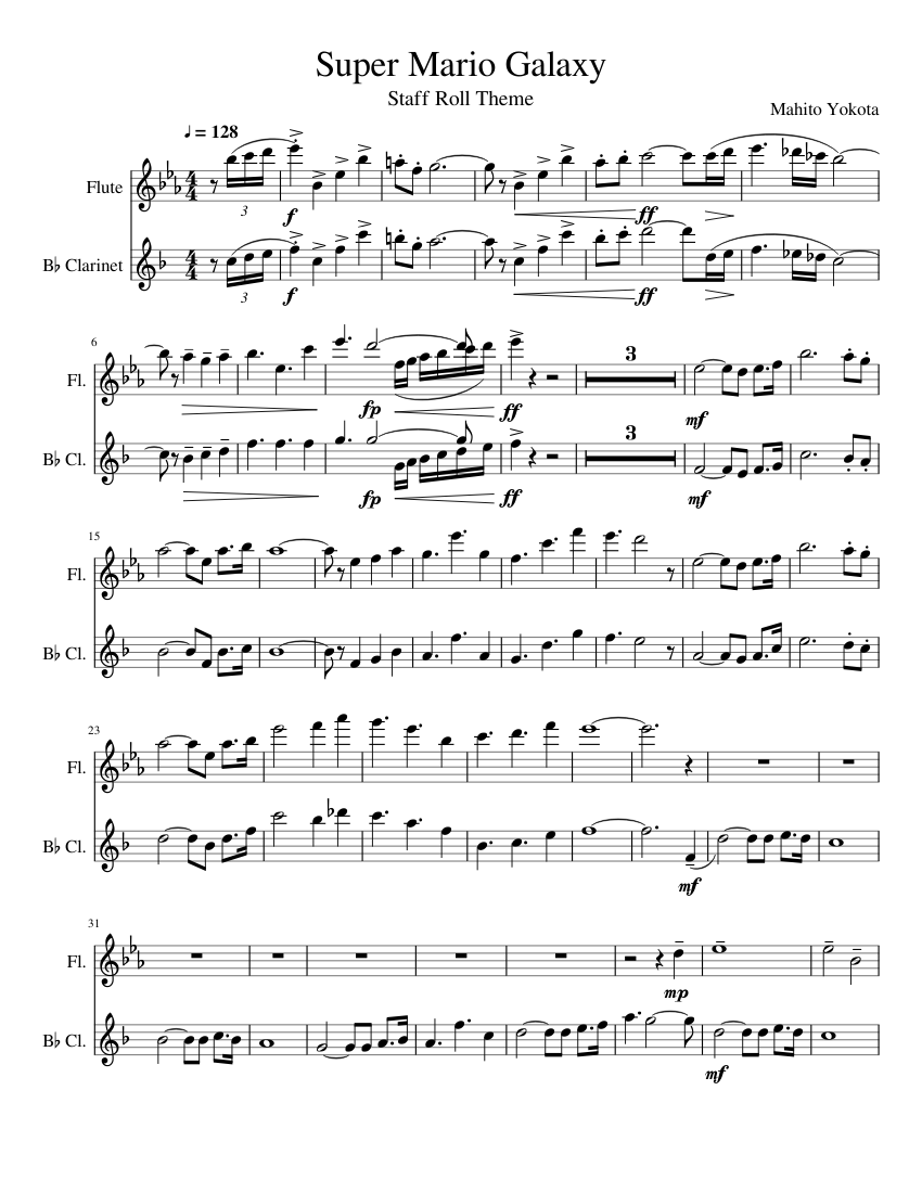 Super Mario Galaxy - Staff Roll Theme - Flute & Clarinet Sheet Music ...