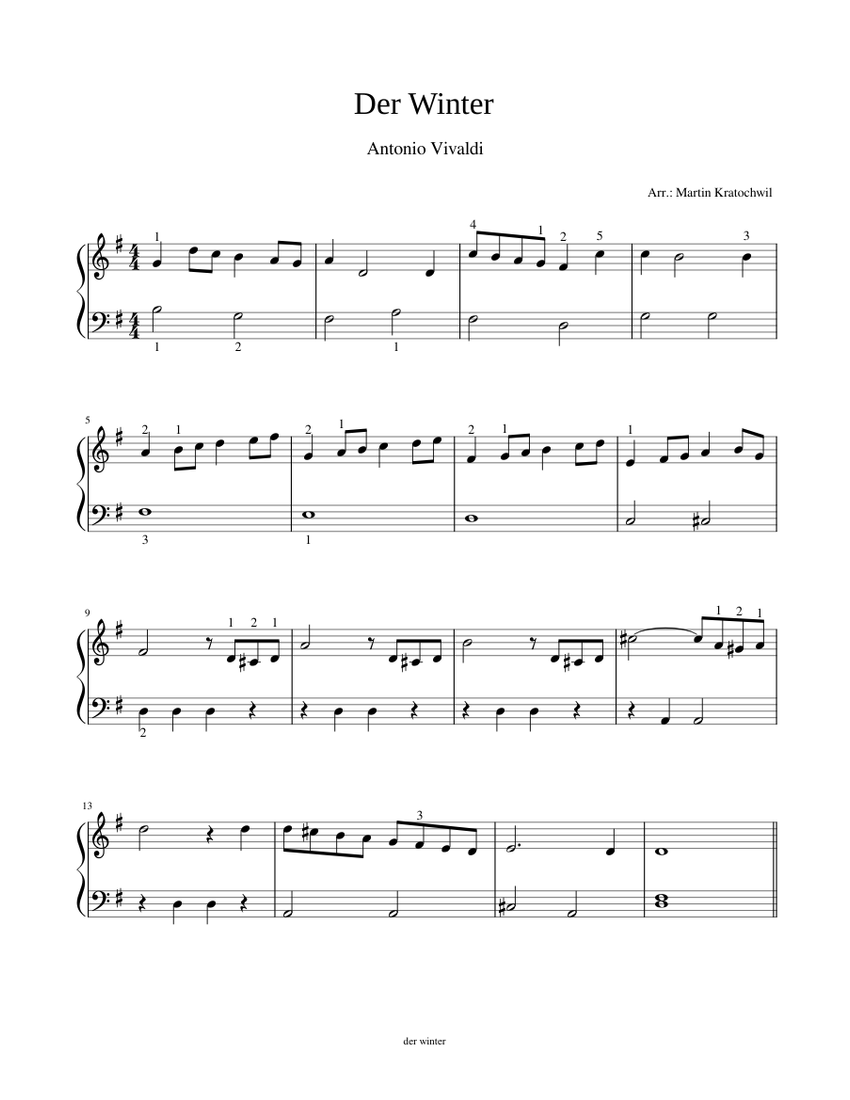 Winter - Vivaldi – Antonio Vivaldi Sheet Music with Chords for Piano ...