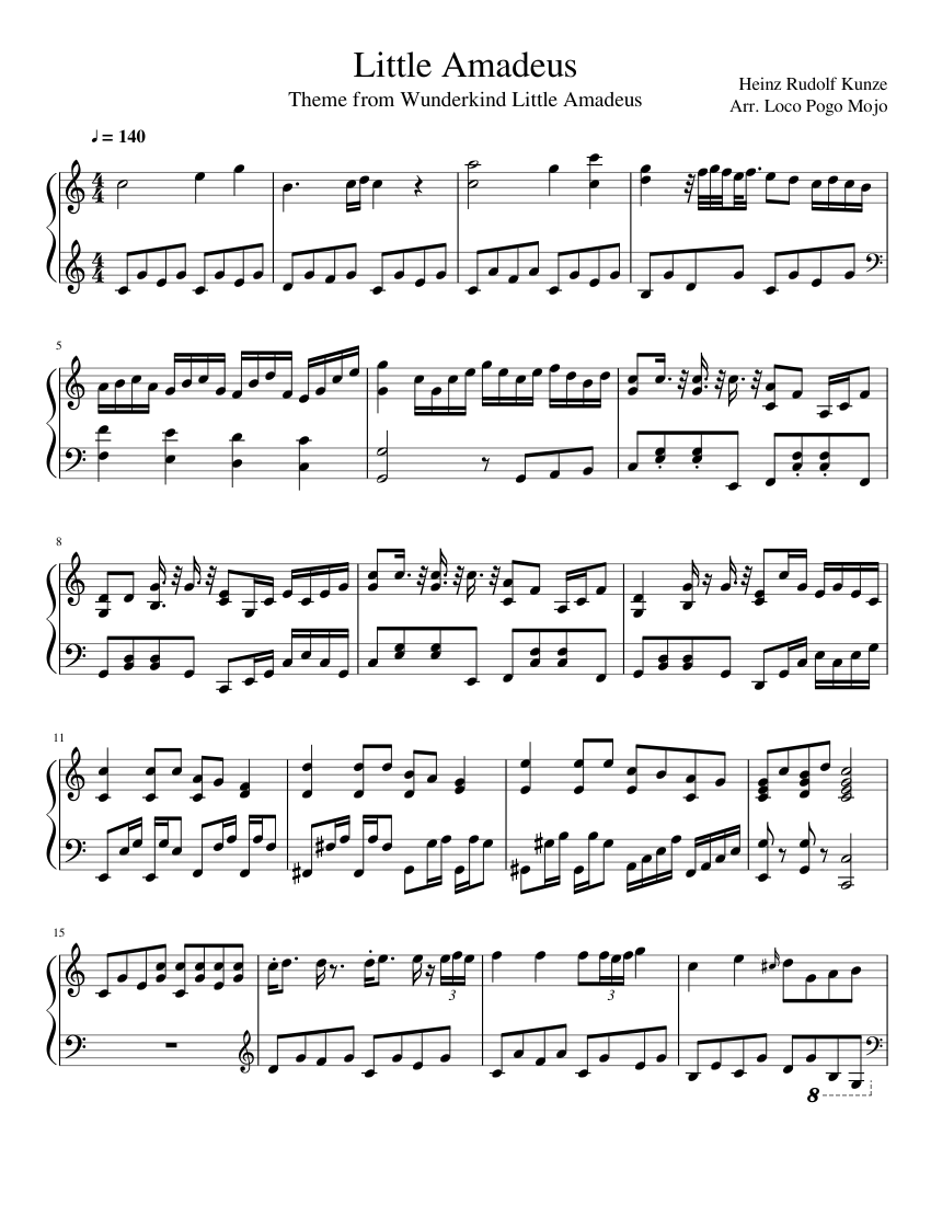 Wunderkind Little Amadeus Theme Song Sheet Music for Piano (Solo ...