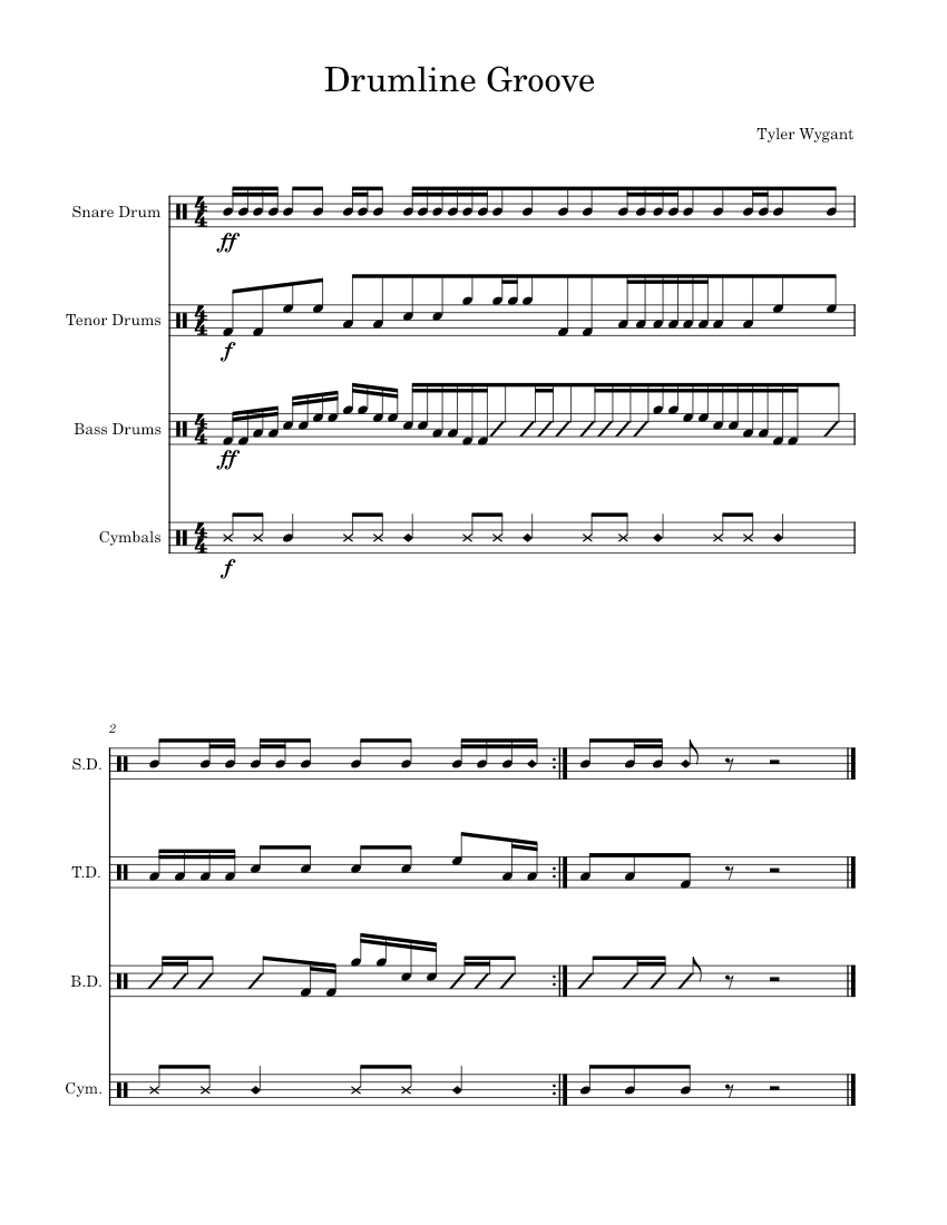 Drumline Groove Sheet music for Snare drum, Crash, Tenor drum, Bass ...